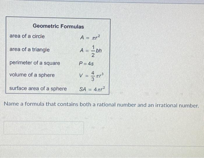Solved Geometric Formulas area of a circle A = rer? area of | Chegg.com
