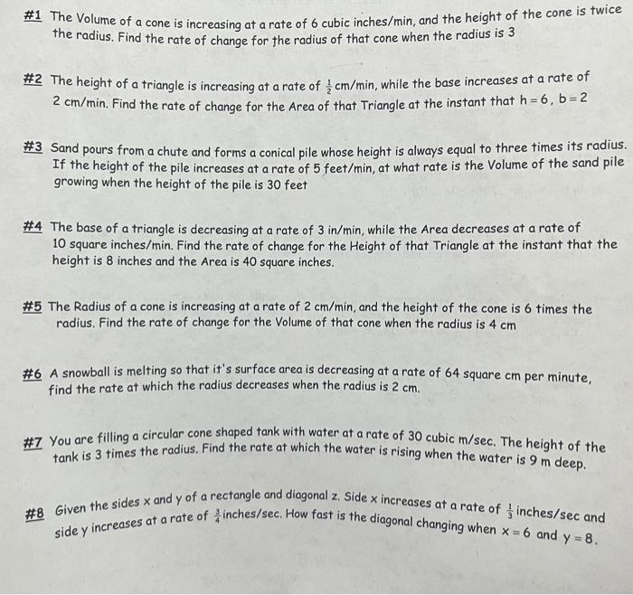 Solved \#1 The Volume of a cone is increasing at a rate of 6 | Chegg.com