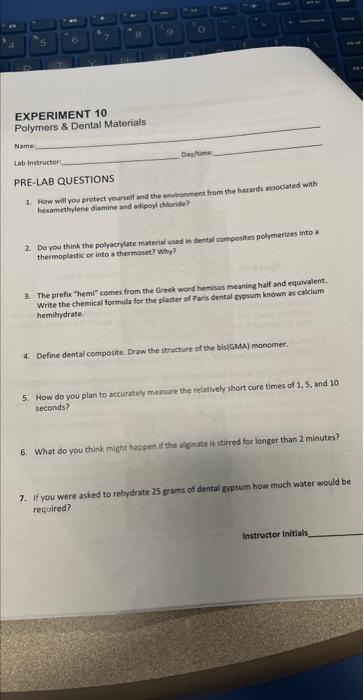 Solved Name Lab instructor: Dorfime? PRE-LAB QUESTIONS 1. | Chegg.com