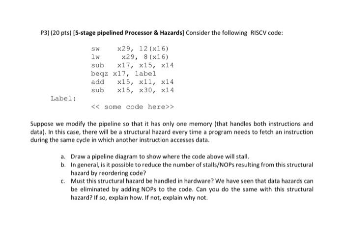 P3) (20 pts) [5-stage pipelined Processor \& Hazards] | Chegg.com