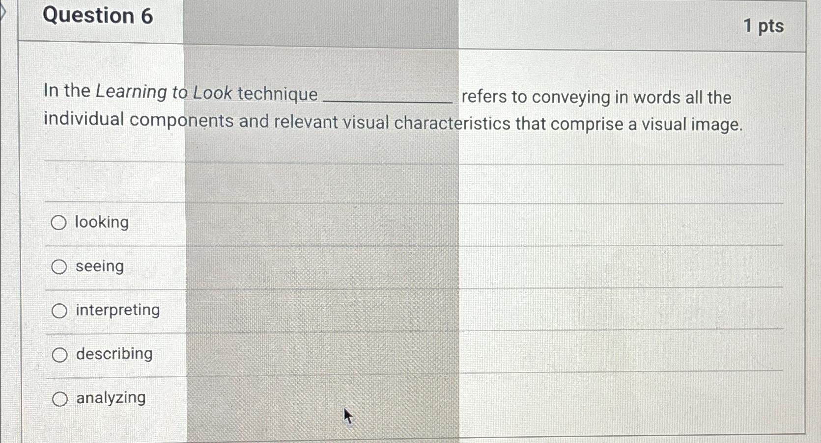 Solved Question 61 ﻿ptsIn the Learning to Look technique | Chegg.com