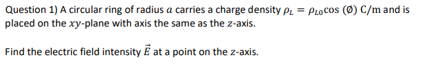 Solved A circular ring of radius ﻿carries a charge density | Chegg.com