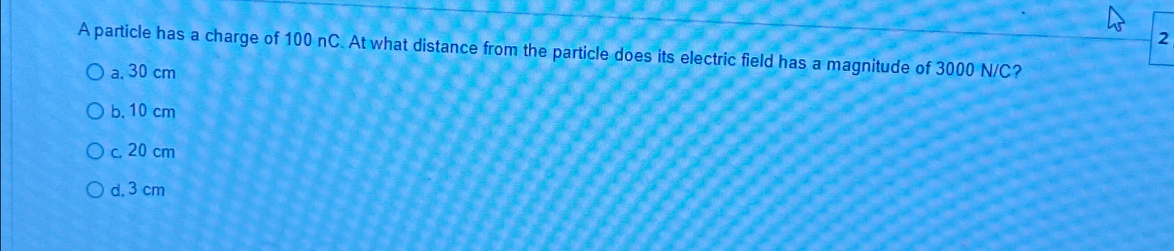 Solved A particle has a charge of 100nC. At what distance | Chegg.com Solved A particle has a charge of 100nC. At what distance | Chegg.com
