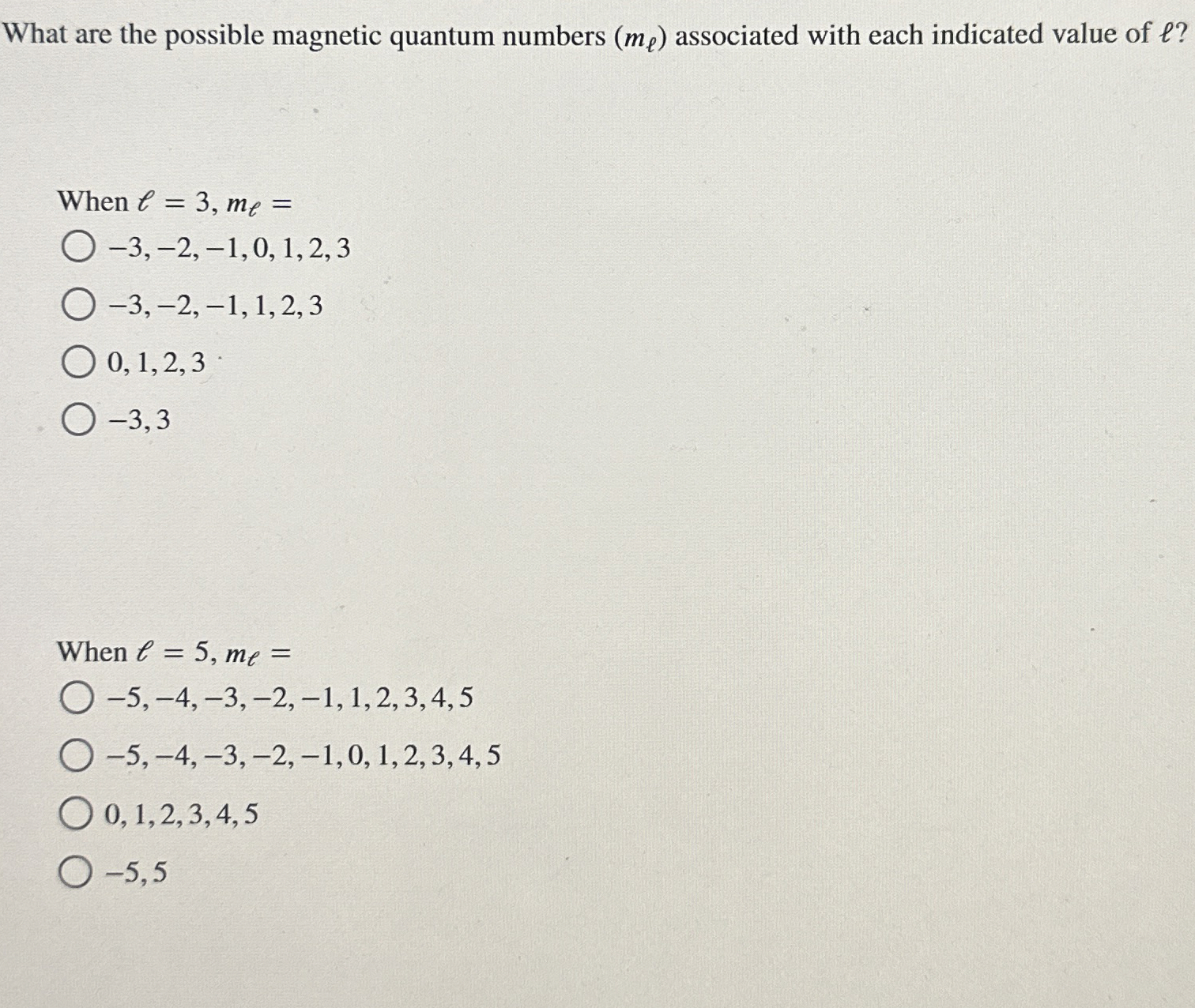 Solved What are the possible magnetic quantum numbers (ml) | Chegg.com
