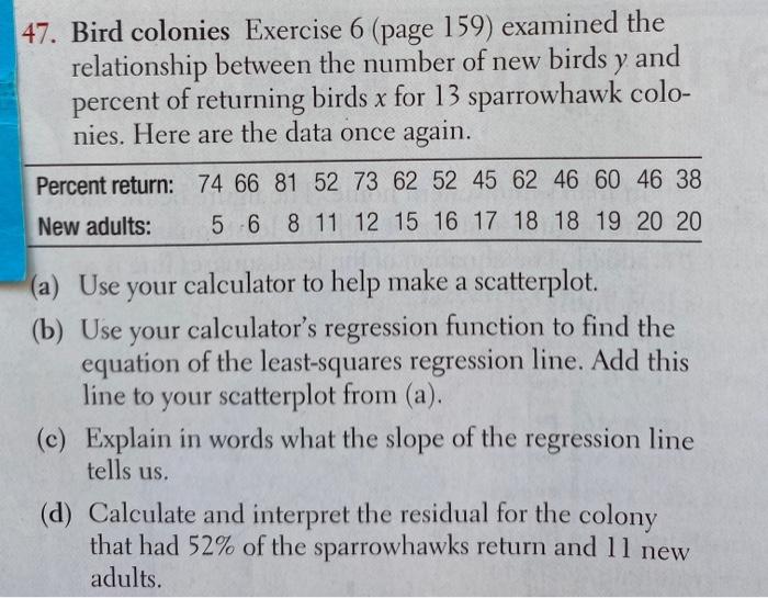Solved 47. Bird colonies Exercise 6 (page 159) examined the | Chegg.com