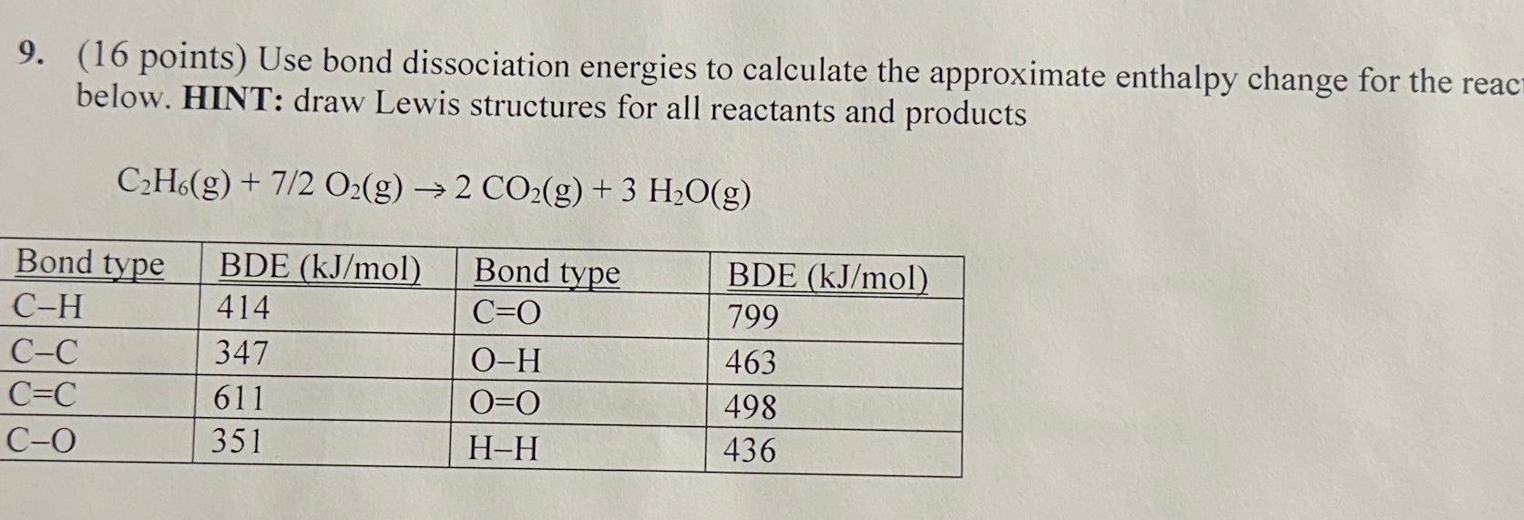 Solved Use bond dissociation energies to calculate the | Chegg.com