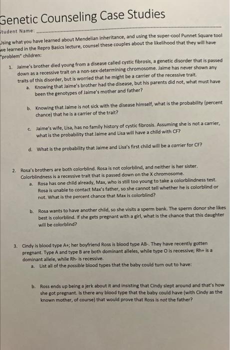 Solved Genetic Counseling Case Studies Student Name: Using | Chegg.com