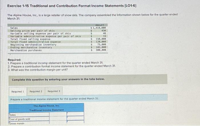 Solved Exercise 1-15 Traditional and Contribution Format | Chegg.com