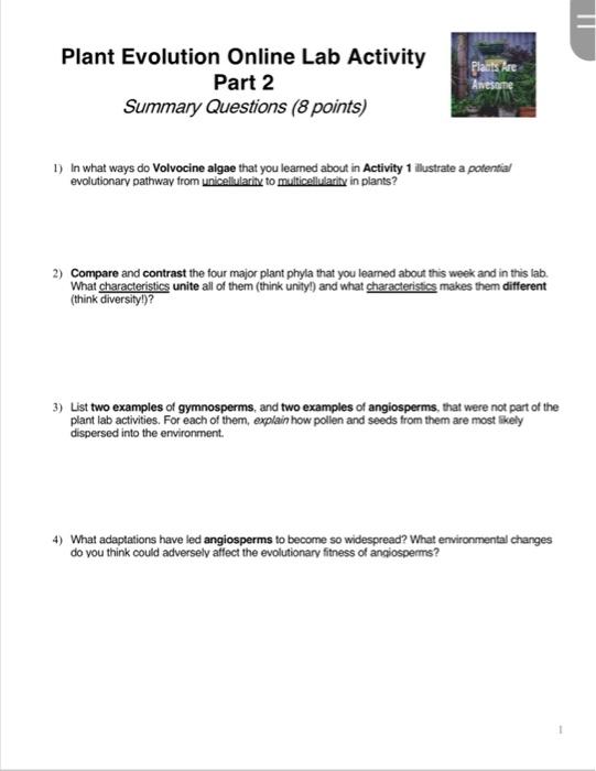 Solved Plant Evolution Online Lab Activity Part 2 Summary | Chegg.com