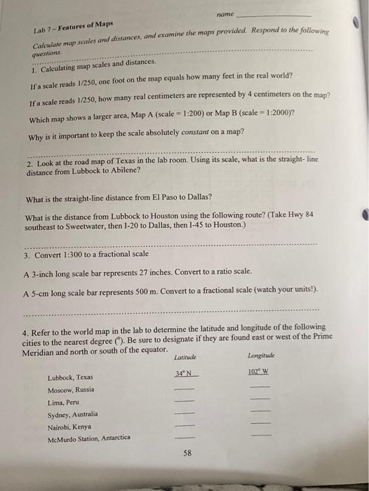 Solved Fame Lab 7 - Features of Maps Calculate map scales | Chegg.com