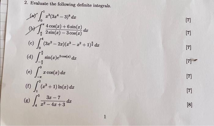 Solved 2. Evaluate the following definite integrals. (a) | Chegg.com