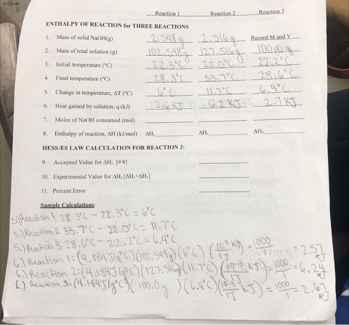 Solved ENTHALPY OF REACTION for THREE REACTIONS 1. Mass of | Chegg.com