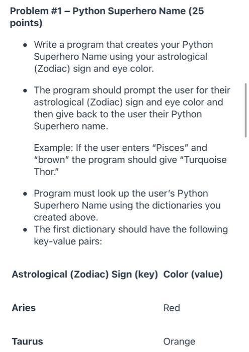 Solved Problem #1 - Python Superhero Name (25 points) • | Chegg.com