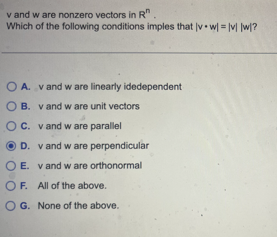 Solved v ﻿and w ﻿are nonzero vectors in Rn.Which of ﻿the | Chegg.com