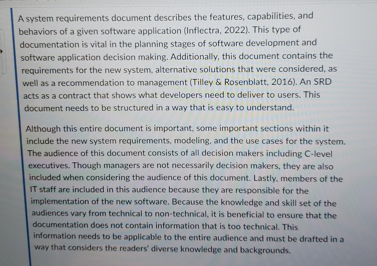 A system requirements document describes the | Chegg.com