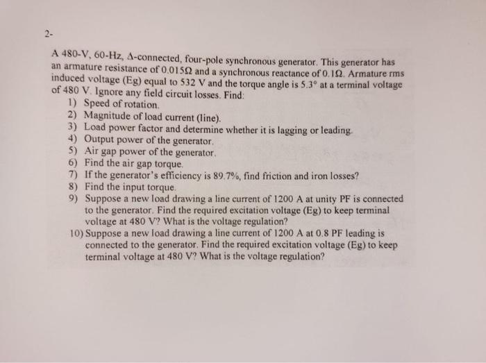 Solved A 480−V,60−Hz,Δ-connected, four-pole synchronous | Chegg.com