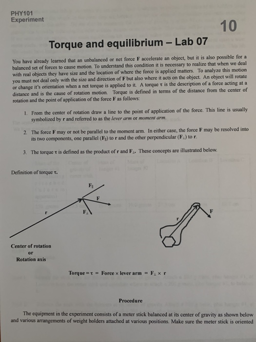 PHY101 Experiment 10 Torque and equilibrium - Lab 07 | Chegg.com