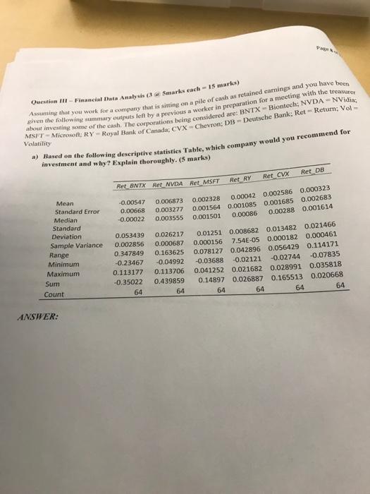 Question III - Financial Data Analysis (3 a 5 marks | Chegg.com