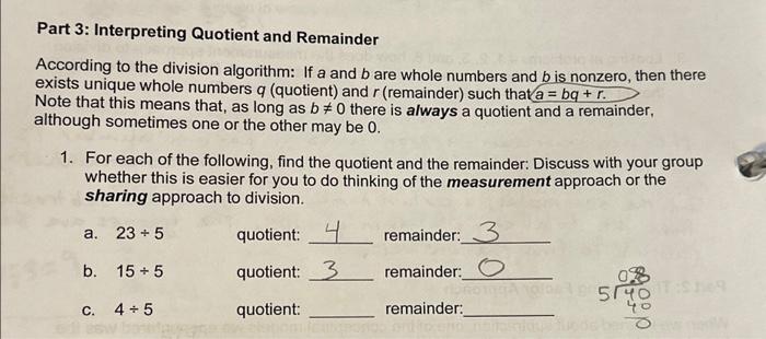 Solved Part 3: Interpreting Quotient and Remainder amoideic | Chegg.com