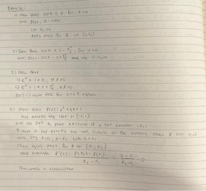 Solved Exercise: 1) show that sinx ≤x for X>0 Hint: f(x)= | Chegg.com