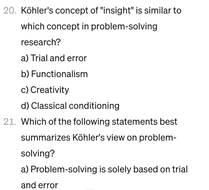 Solved Köhler's concept of "insight" is similar to which | Chegg.com
