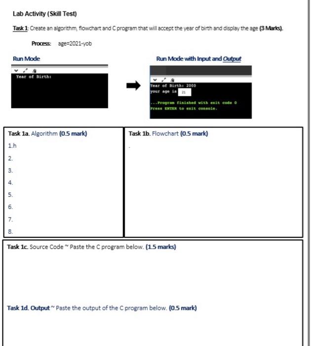 Solved Lab Activity (Skill Test) Task 1 Create an algorithm | Chegg.com