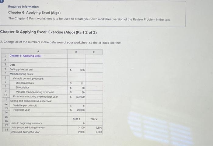 Solved Required information Chapter 6: Applying Excel (Algo) | Chegg.com