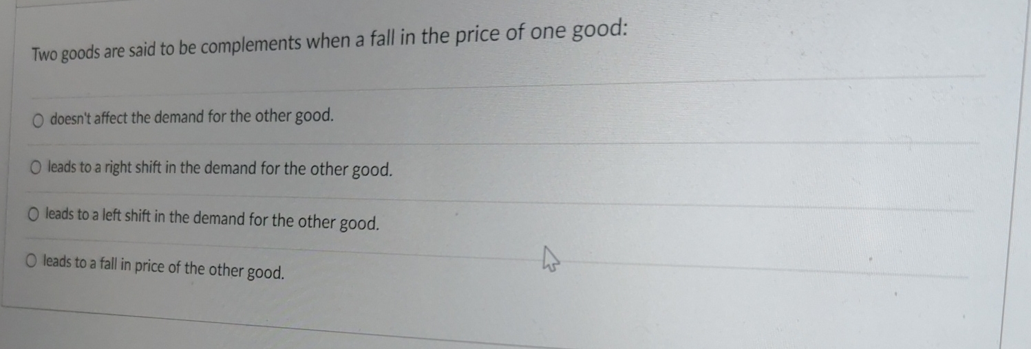 Solved Two goods are said to be complements when a fall in | Chegg.com