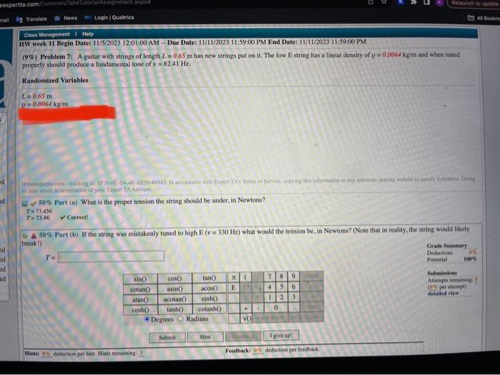 Solved (9\%) Problem 7: A guitar with strings of length | Chegg.com