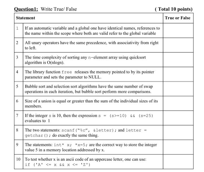 Solved (Total 10 points) True or False Question1: Write | Chegg.com