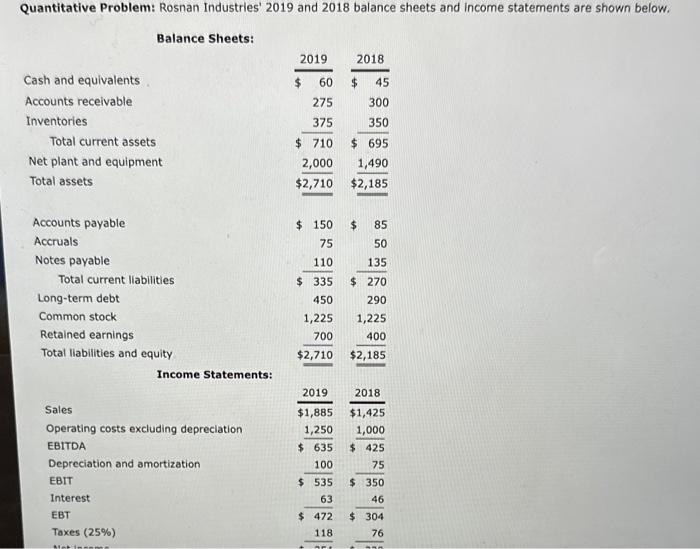 Solved Quantitative Problem: Rosnan Industries' 2019 and | Chegg.com