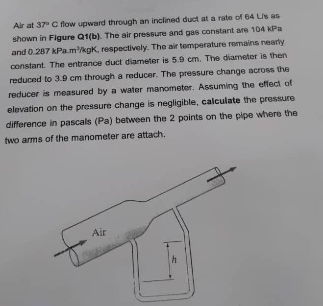 Solved Air at 37∘C flow upward through an inclined duct at a | Chegg.com