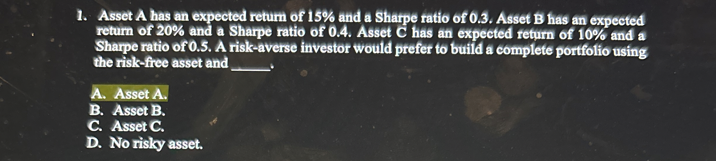 Solved Asset A has an expected retum of 15% ﻿and a Shatpe | Chegg.com