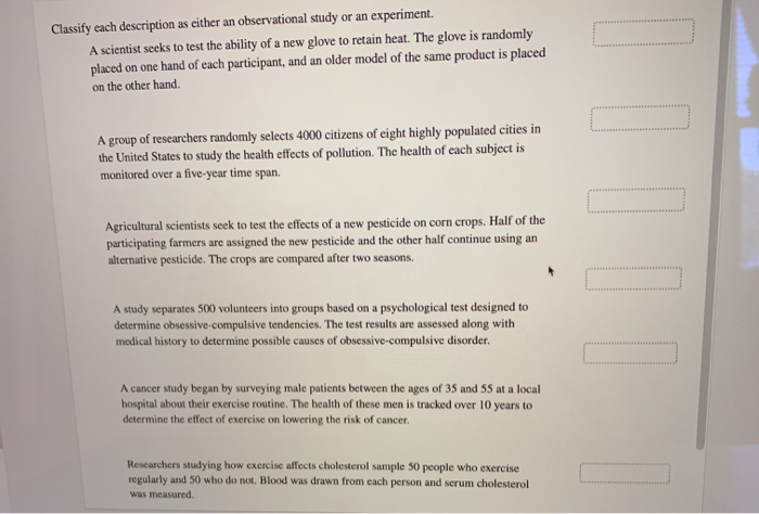 Solved Classify each description as either an observational | Chegg.com