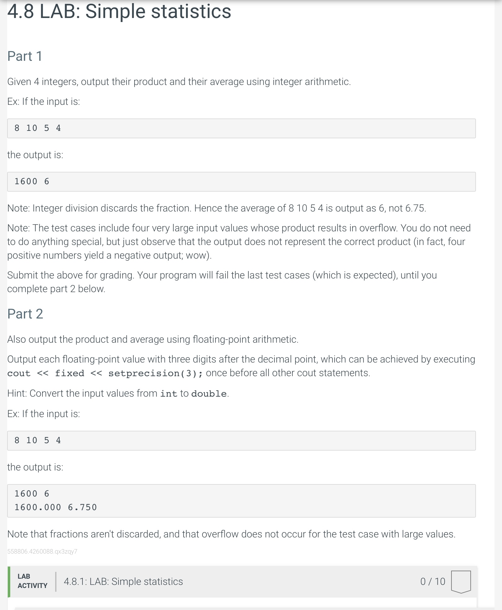 Solved 4.8 ﻿LAB: Simple statisticsPart 1Given 4 ﻿integers, | Chegg.com