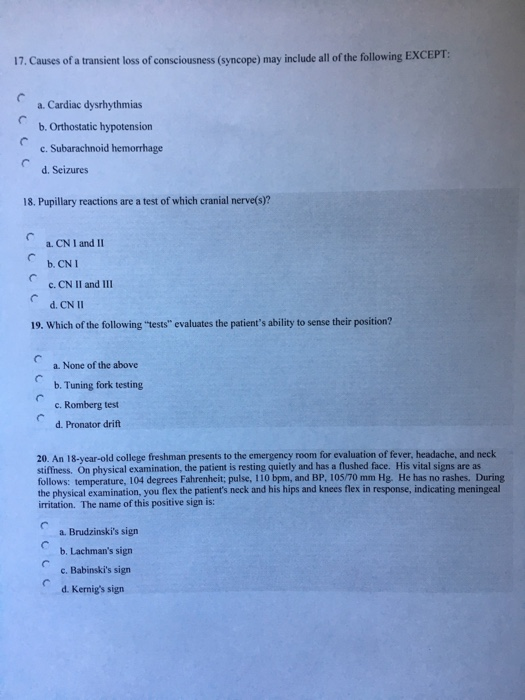 Solved 17. Causes of a transient loss of consciousness | Chegg.com