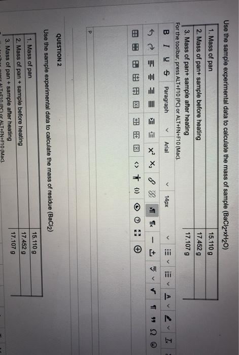 Solved Use the sample experimental data to calculate the | Chegg.com