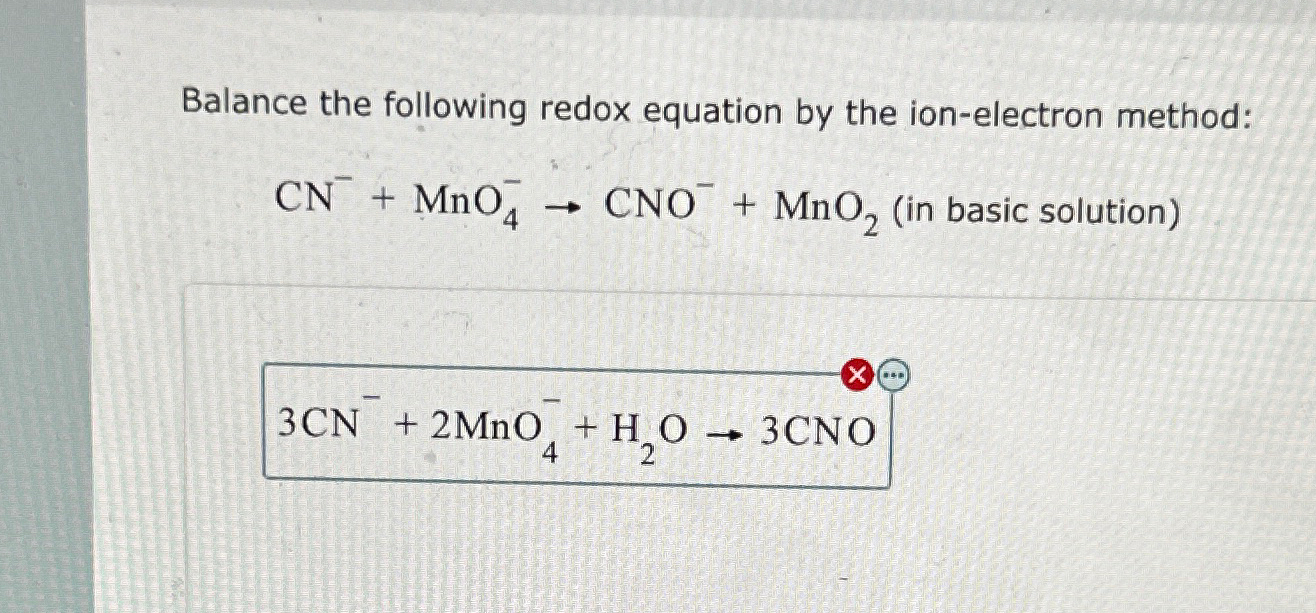 Solved Balance the following redox equation by the | Chegg.com