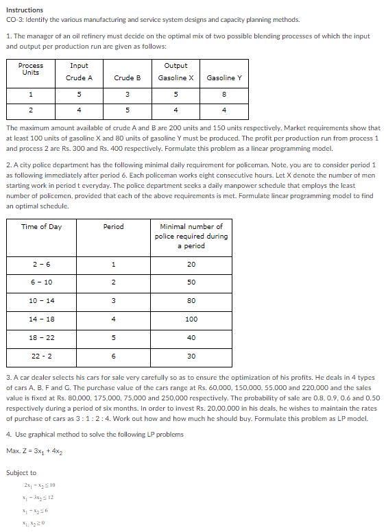 Solved InstructionsCO-3: Identify the various manufacturing | Chegg.com