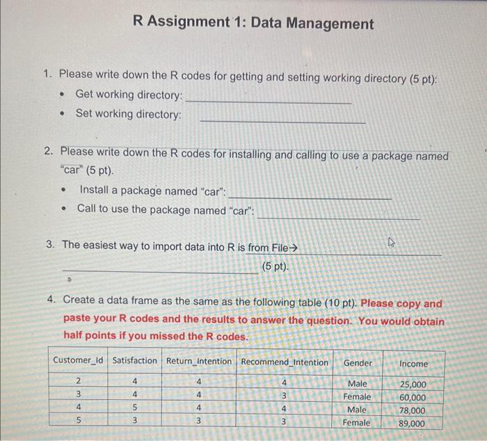 R Assignment 1: Data Management 1. Please write down | Chegg.com