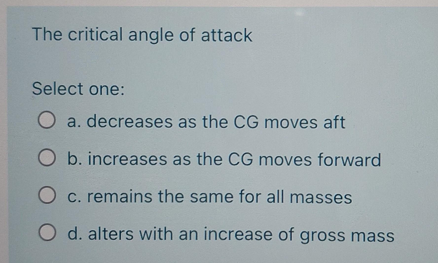 Solved The critical angle of attack Select one: O a. | Chegg.com