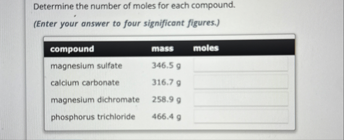 Solved Determine the number of moles for each | Chegg.com
