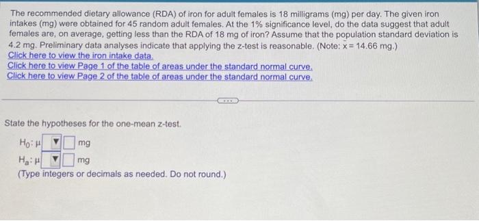 Solved The recommended dietary allowance (RDA) of iron for | Chegg.com