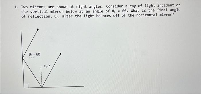 Solved 1. Two mirrors are shown at right angles. Consider a | Chegg.com