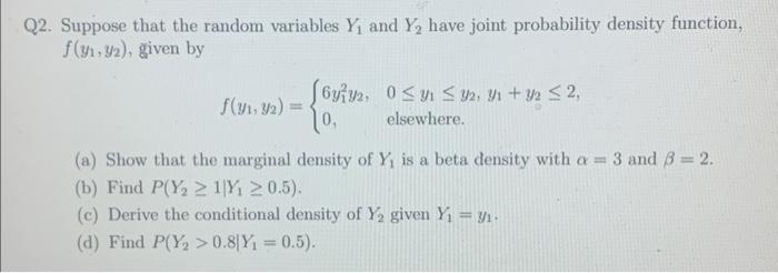 Solved 2. Suppose that the random variables Y1 and Y2 have | Chegg.com