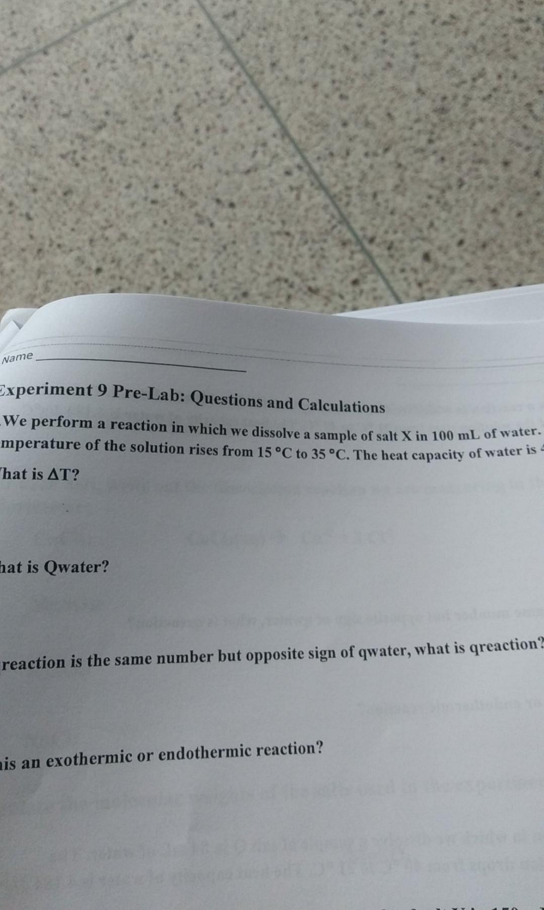 Solved Name Experiment 9 Pre-Lab: Questions and Calculations | Chegg.com