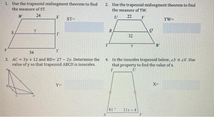 Solved 1. Use the trapezoid midsegment theorem to find the | Chegg.com