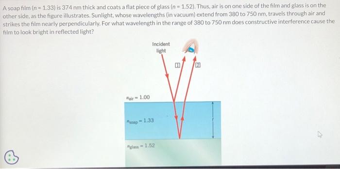 Solved A soap film (n=1.33) is 374 nm thick and coats a flat | Chegg.com