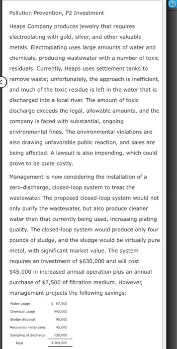 Solved Pollution Prevention, P2 Investment Heaps Company | Chegg.com