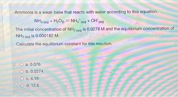 Solved Ammonia is a weak base that reacts with water | Chegg.com